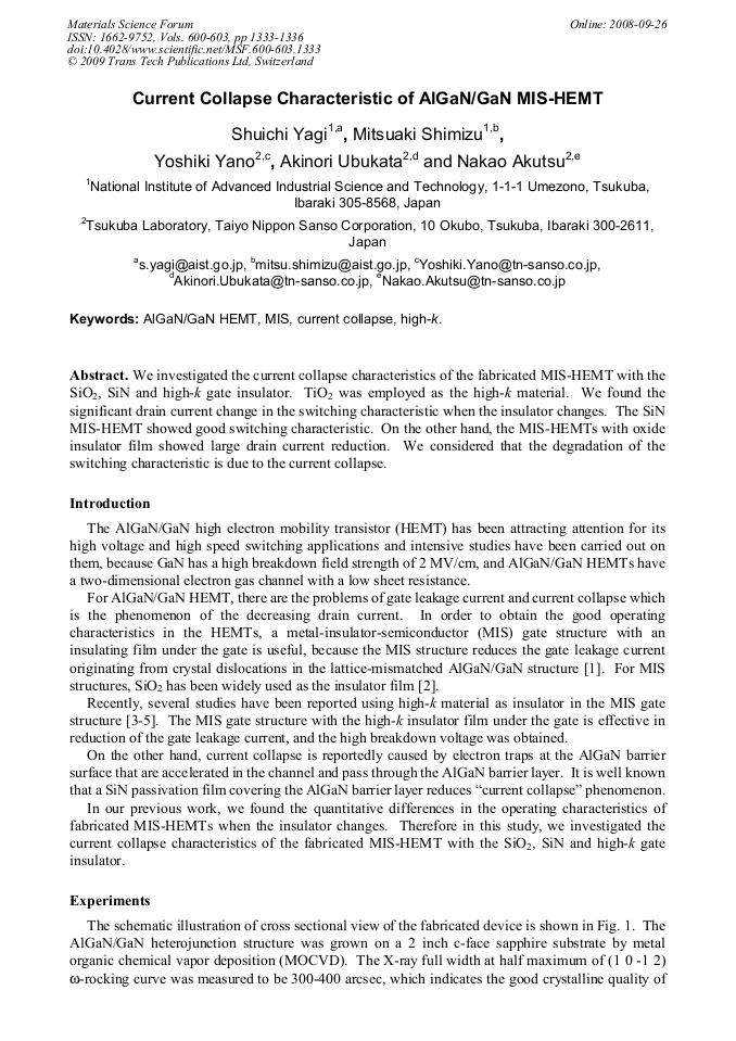 Current Collapse Characteristic of AlGaN/GaN MIS-HEMT | Scientific.Net