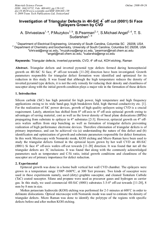 Investigation of Triangular Defects in 4H-SiC 4° Off Cut (0001) Si Face ...