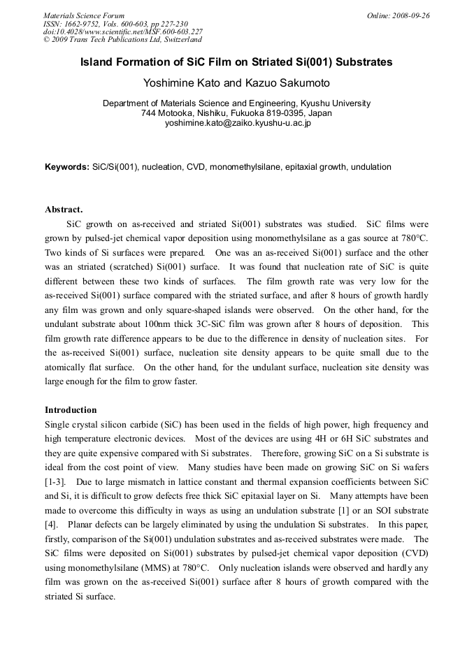Island Formation of SiC Film on Striated Si(001) Substrates ...