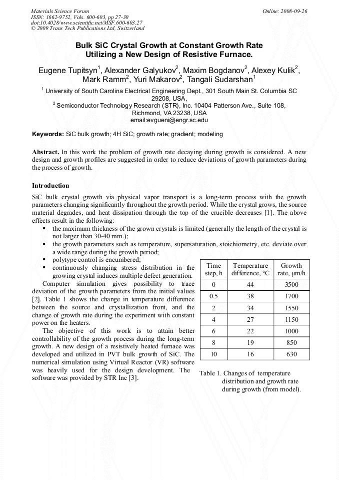 Bulk SiC Crystal Growth at Constant Growth Rate Utilizing a New Design of Resistive Furnace ...
