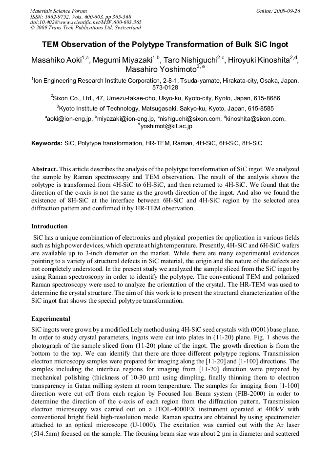TEM Observation of the Polytype Transformation of Bulk SiC Ingot ...
