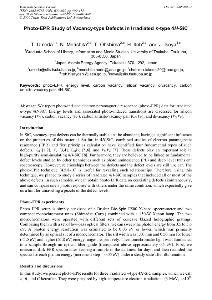 Photo-EPR Study of Vacancy-Type Defects in Irradiated n-Type 4H-SiC ...