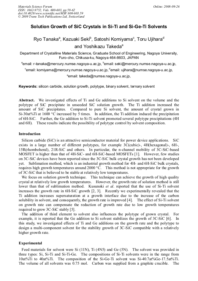 Solution Growth of SiC Crystals in Si-Ti and Si-Ge-Ti Solvents ...