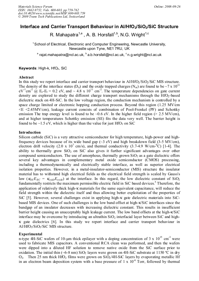 Interface and Carrier Transport Behaviour in Al/HfO2/SiO2/SiC Structure | Scientific.Net