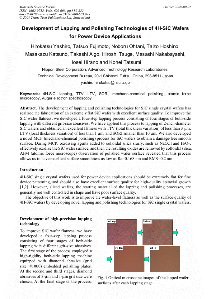 Development of Lapping and Polishing Technologies of 4H-SiC Wafers for ...