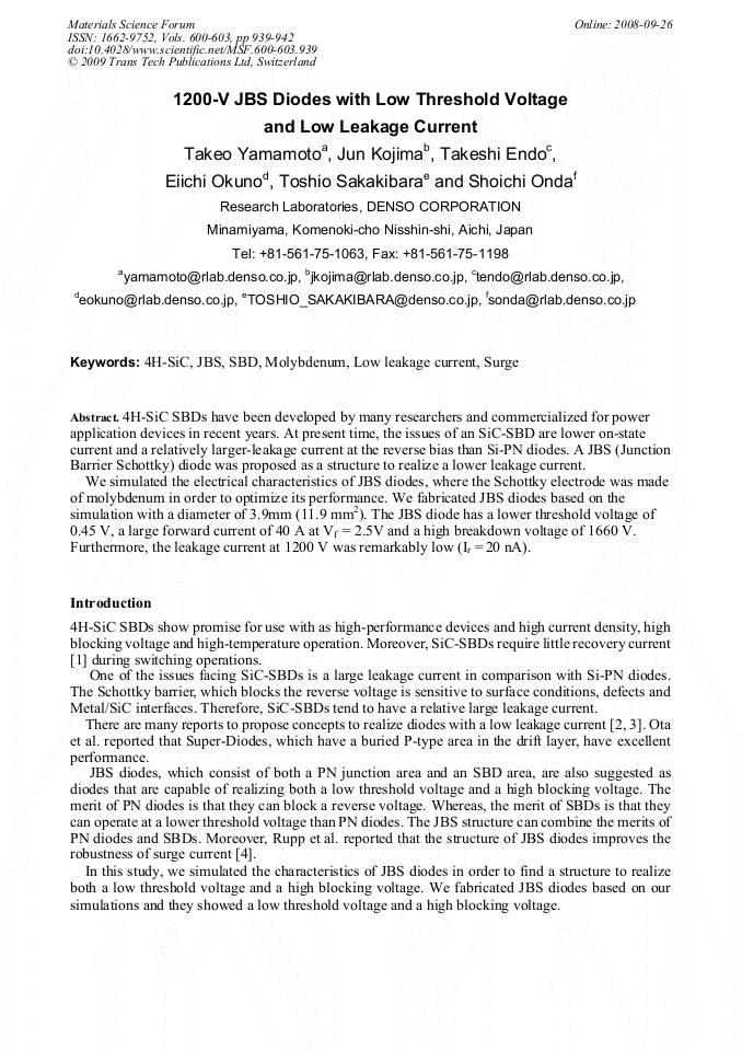 1200-V JBS Diodes with Low Threshold Voltage and Low Leakage Current ...