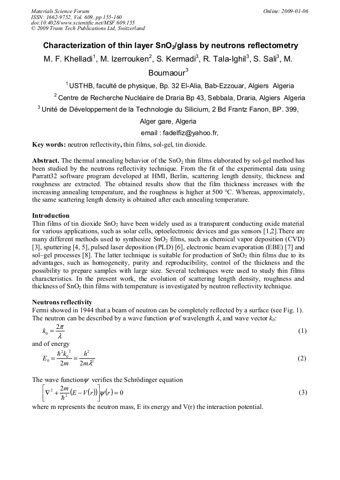 Characterization of Thin Layer SnO2/Glass by Neutrons Reflectometry ...