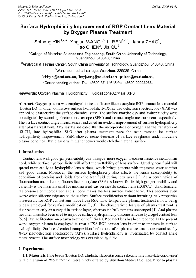Surface Hydrophilicity Improvement of RGP Contact Lens Material by ...