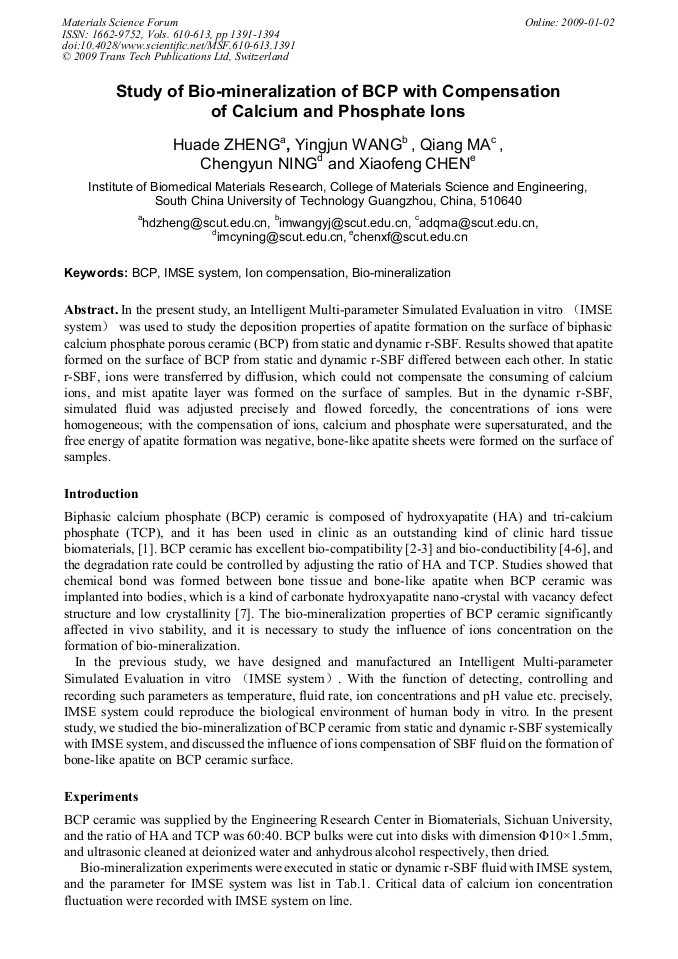 Study of Bio-Mineralization of BCP with Compensation of Calcium and ...