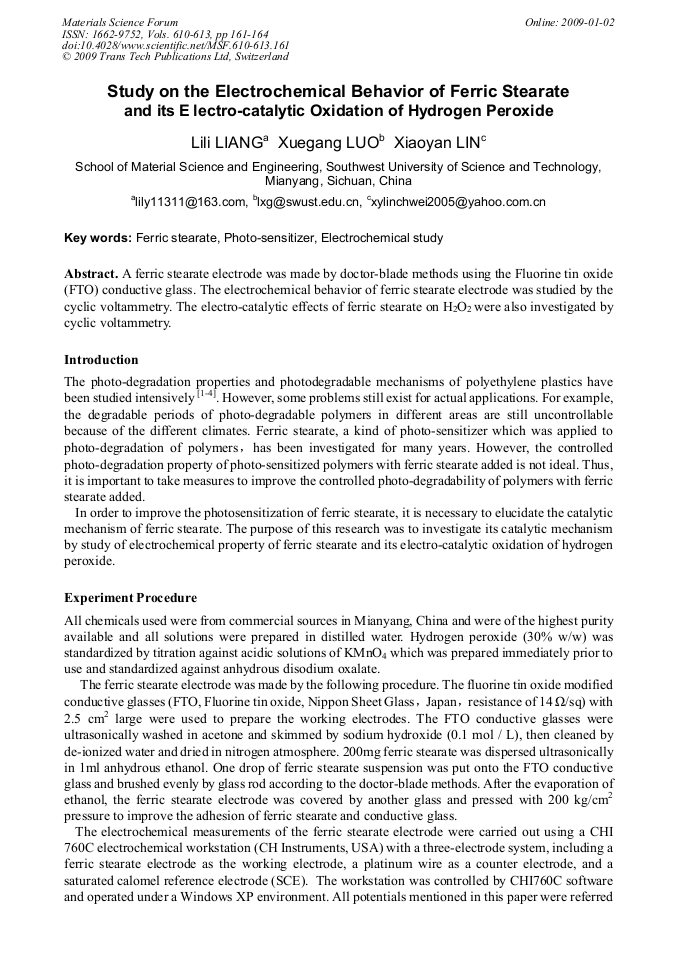 Study on the Electrochemical Behavior of Ferric Stearate and its ...