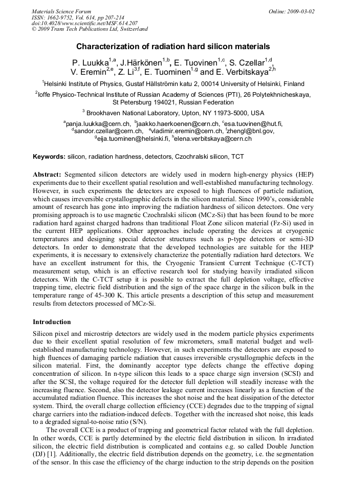 Characterization of Radiation Hard Silicon Materials | Scientific.Net