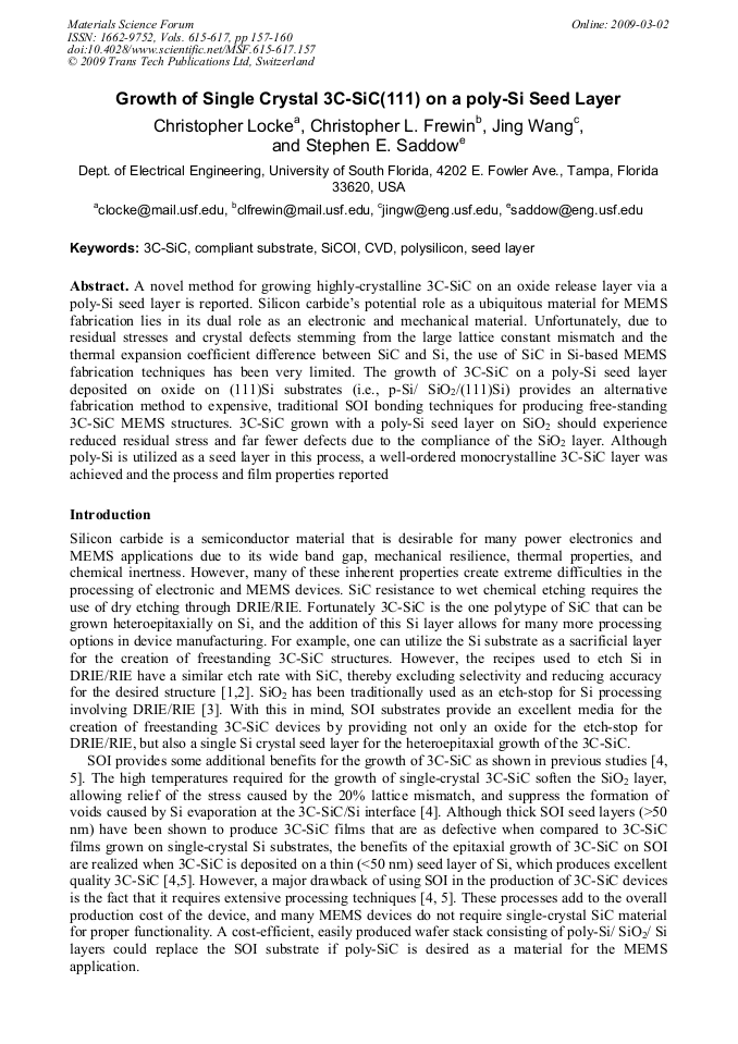 Growth of Single Crystal 3C-SiC(111) on a Poly-Si Seed Layer | Scientific.Net