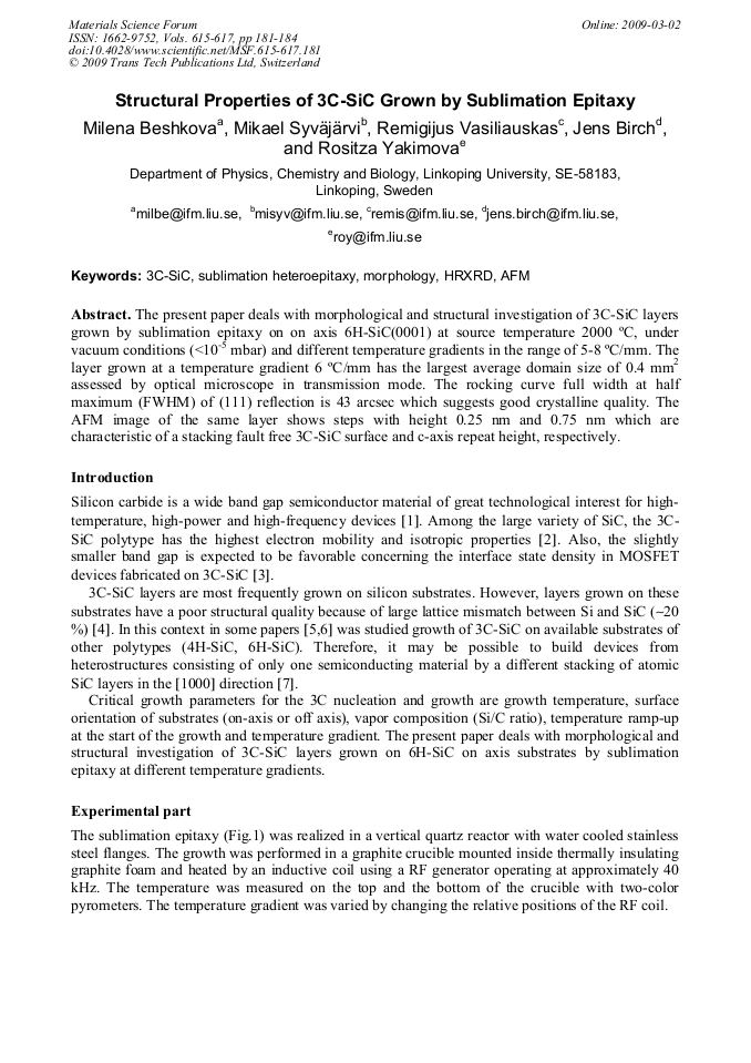 Structural Properties of 3C-SiC Grown by Sublimation Epitaxy | Scientific.Net