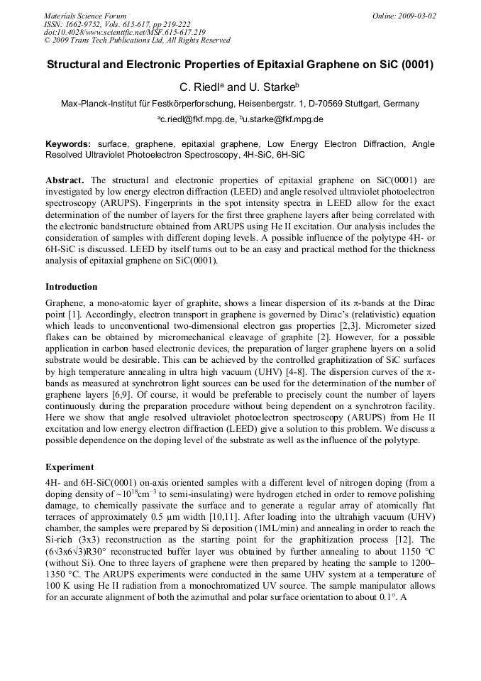 Structural and Electronic Properties of Epitaxial Graphene on SiC (0001) | Scientific.Net