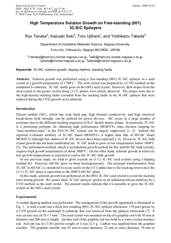 High Temperature Solution Growth on Free-Standing (001) 3C-SiC Epilayers | Scientific.Net