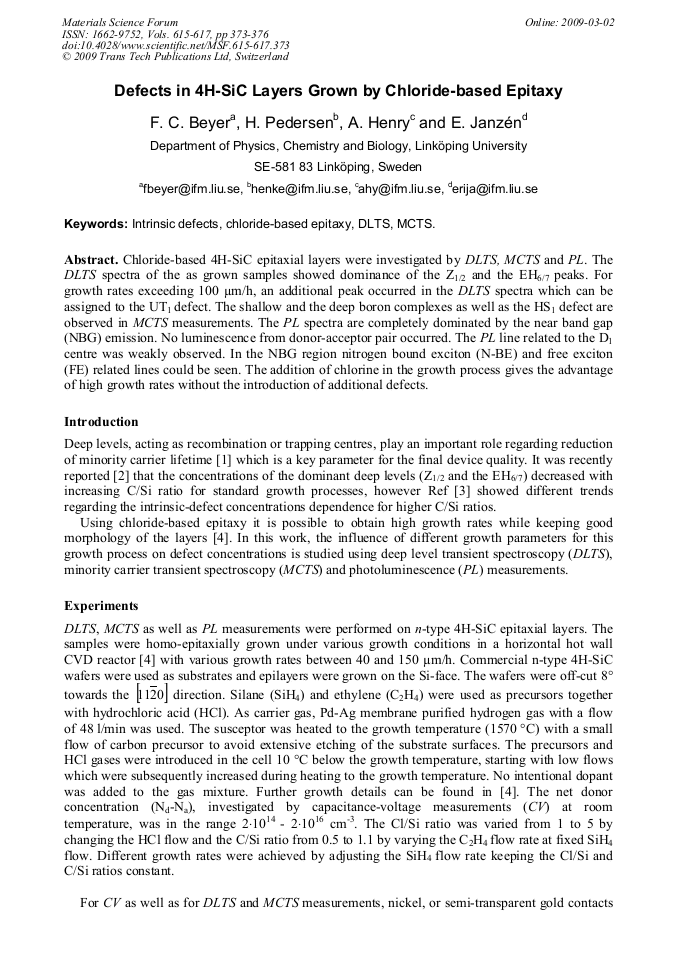Defects in 4H-SiC Layers Grown by Chloride-Based Epitaxy | Scientific.Net