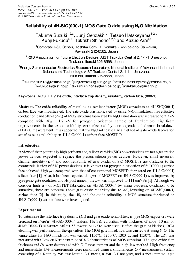 Reliability of 4H-SiC(000-1) MOS Gate Oxide Using N2O Nitridation ...