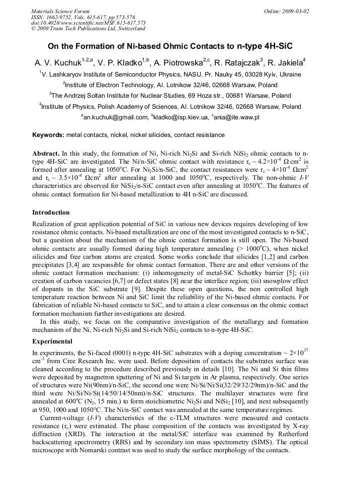 On the Formation of Ni-Based Ohmic Contacts to n-Type 4H-SiC | Scientific.Net