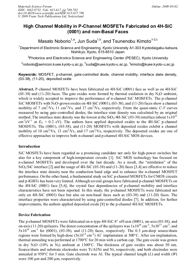 High Channel Mobility in P-Channel MOSFETs Fabricated on 4H-SiC (0001 ...