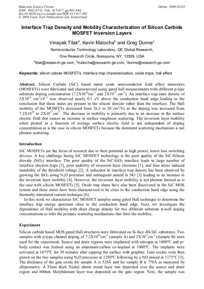Interface Trap Density and Mobility Characterization of Silicon Carbide MOSFET Inversion Layers ...