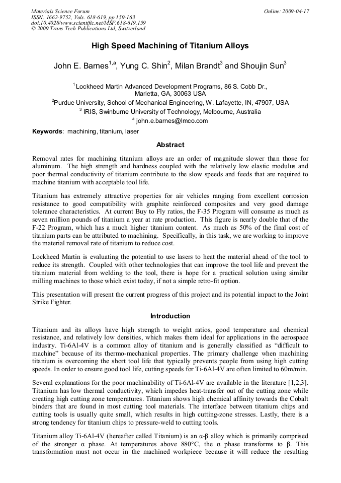 High Speed Machining of Titanium Alloys | Scientific.Net