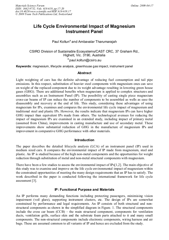 Life Cycle Environmental Impact of Magnesium Instrument Panel ...