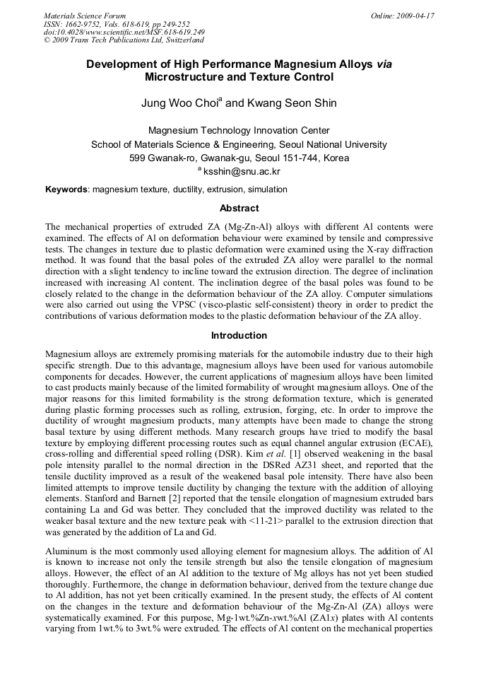 Development of High Performance Magnesium Alloys via Microstructure and ...