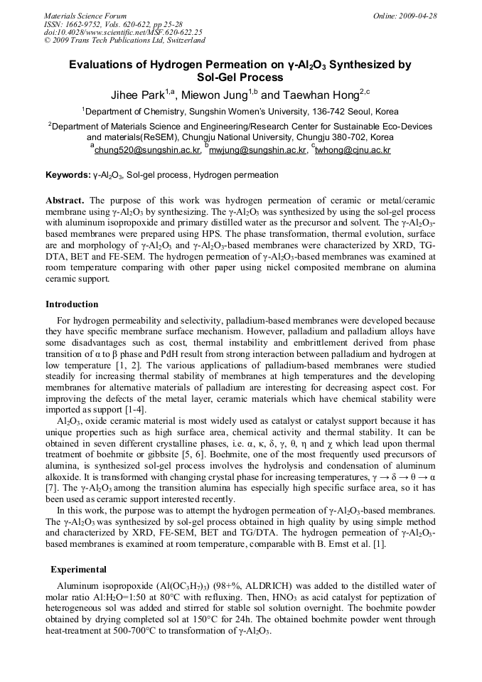 Evaluations of Hydrogen Permeation on γ-Al2O3 Synthesized by Sol-Gel ...