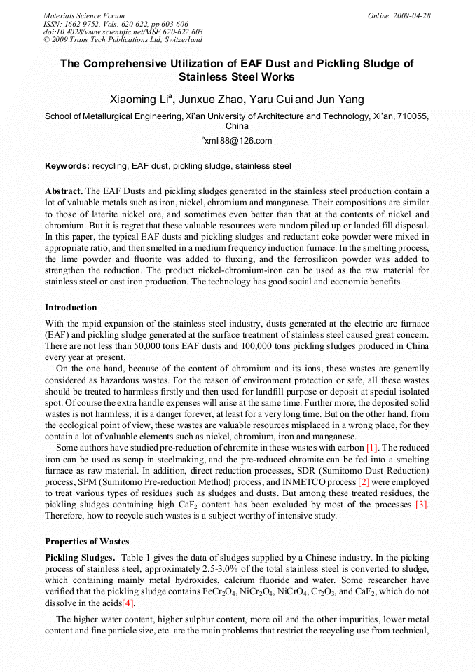 The Comprehensive Utilization of EAF Dust and Pickling Sludge of ...