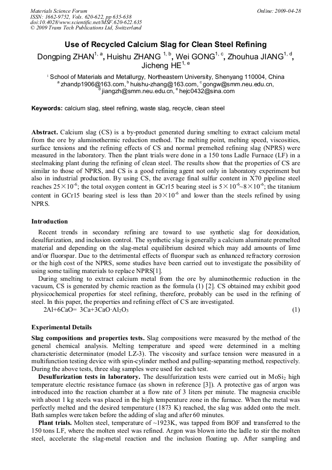 Use of Recycled Calcium Slag for Clean Steel Refining | Scientific.Net