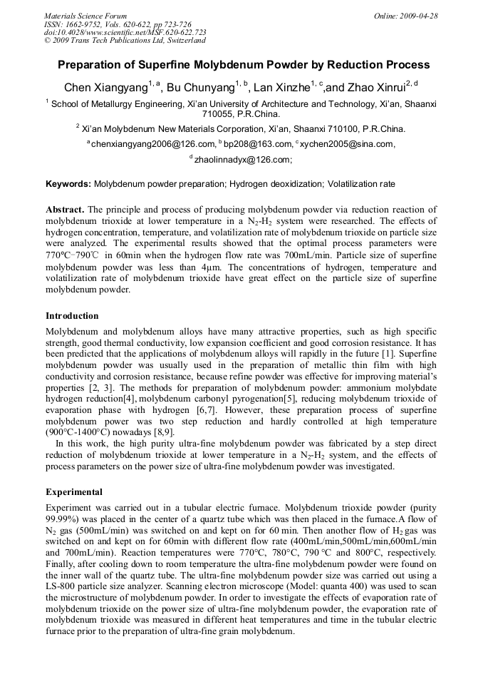 Preparation of Superfine Molybdenum Powder by Reduction Process ...