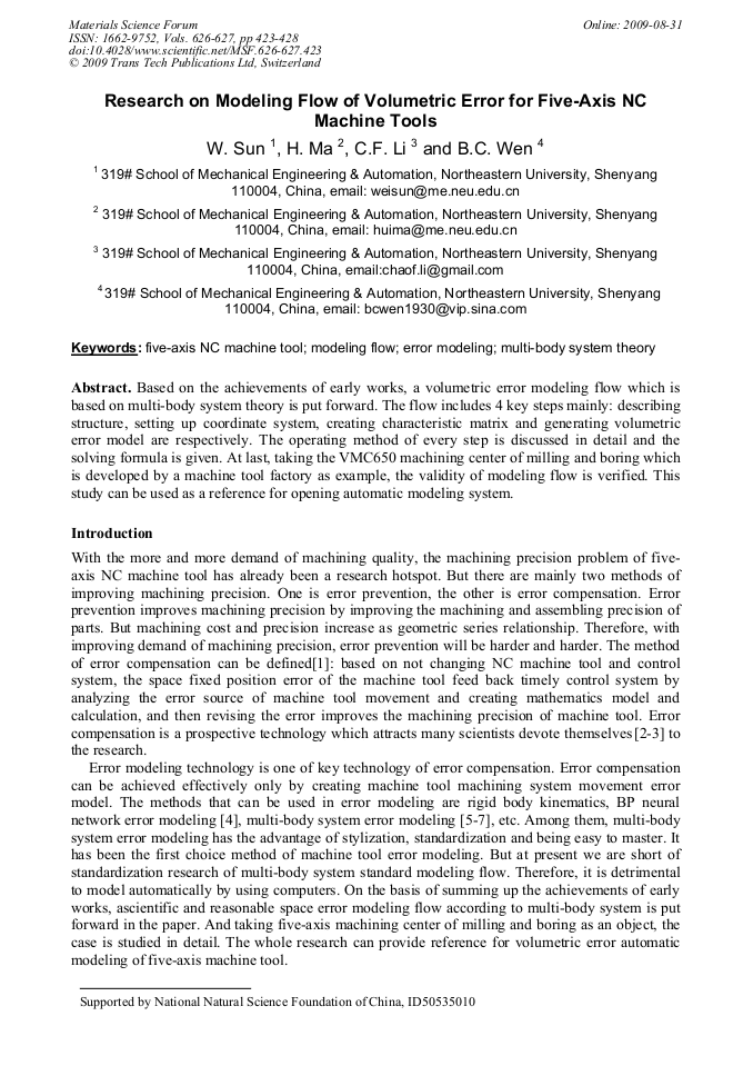 Research on Modeling Flow of Volumetric Error for Five-Axis NC Machine Tools | Scientific.Net