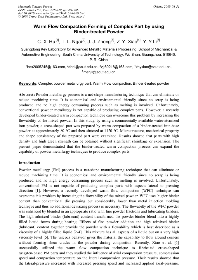 Warm Flow Compaction Forming of Complex Part by Using Binder-Treated ...