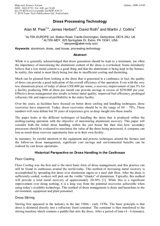 Dross Processing Technology | Scientific.Net