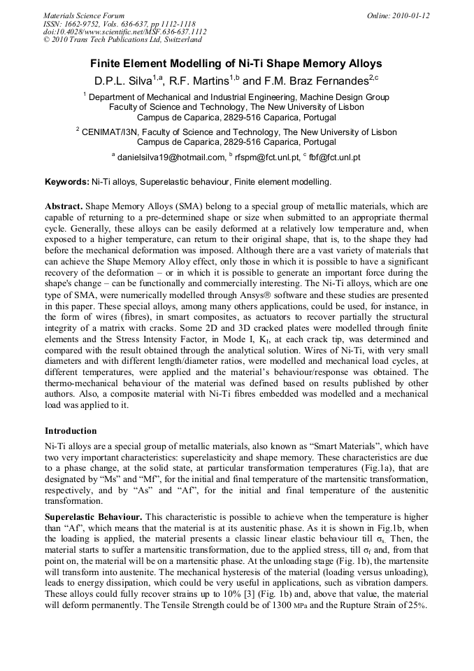Finite Element Modelling of Ni-Ti Shape Memory Alloys | Scientific.Net