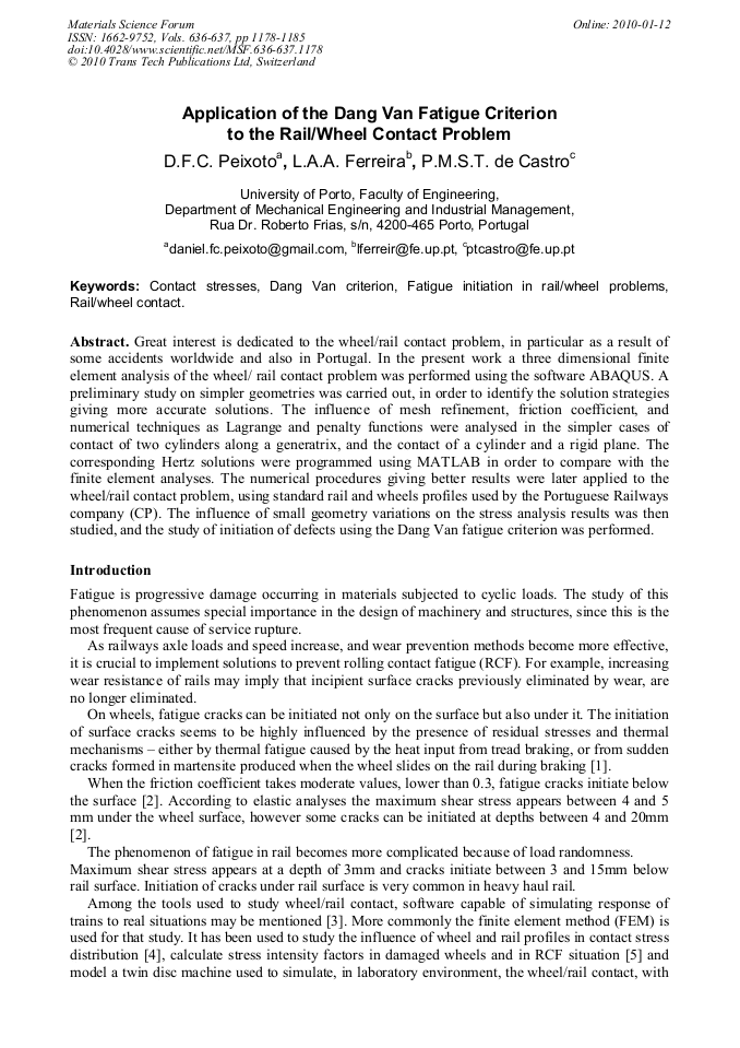 Application of the Dang Van Fatigue Criterion to the Rail/Wheel Contact ...