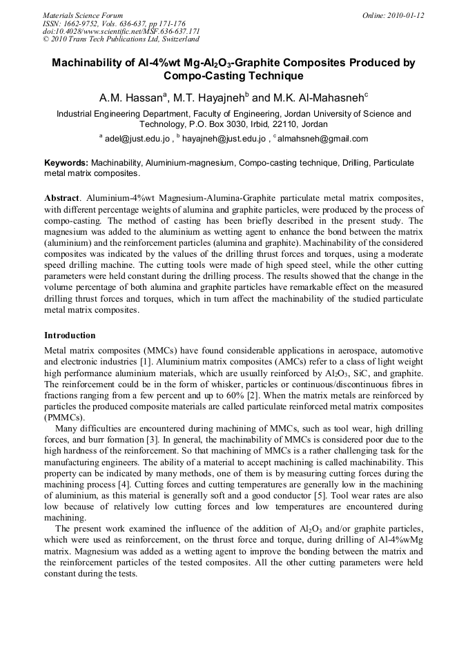 Machinability of Al-4%wt Mg-Al2O3-Graphite Composites Produced by Compo ...