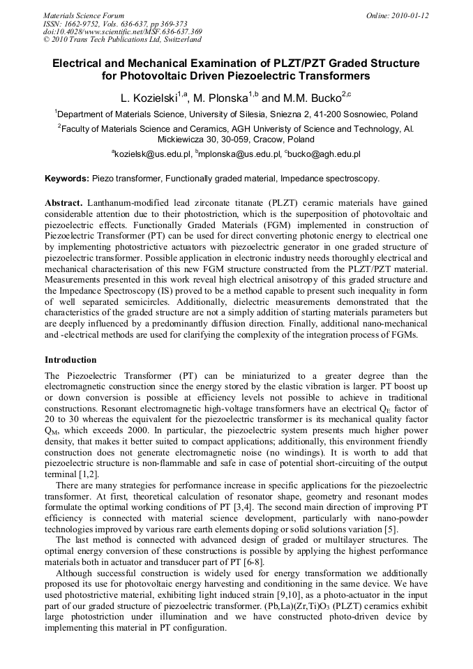 Electrical and Mechanical Examination of PLZT/PZT Graded Structure for ...
