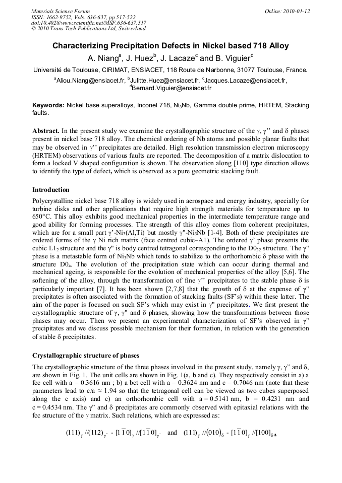 Characterizing Precipitation Defects in Nickel Based 718 Alloy ...