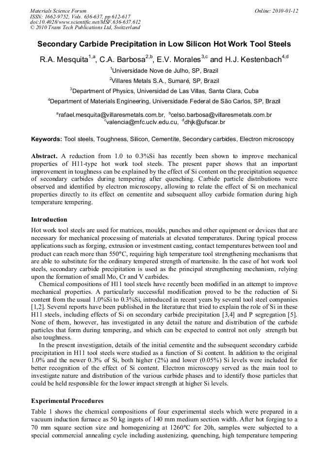 Secondary Carbide Precipitation in Low Silicon Hot Work Tool Steels ...