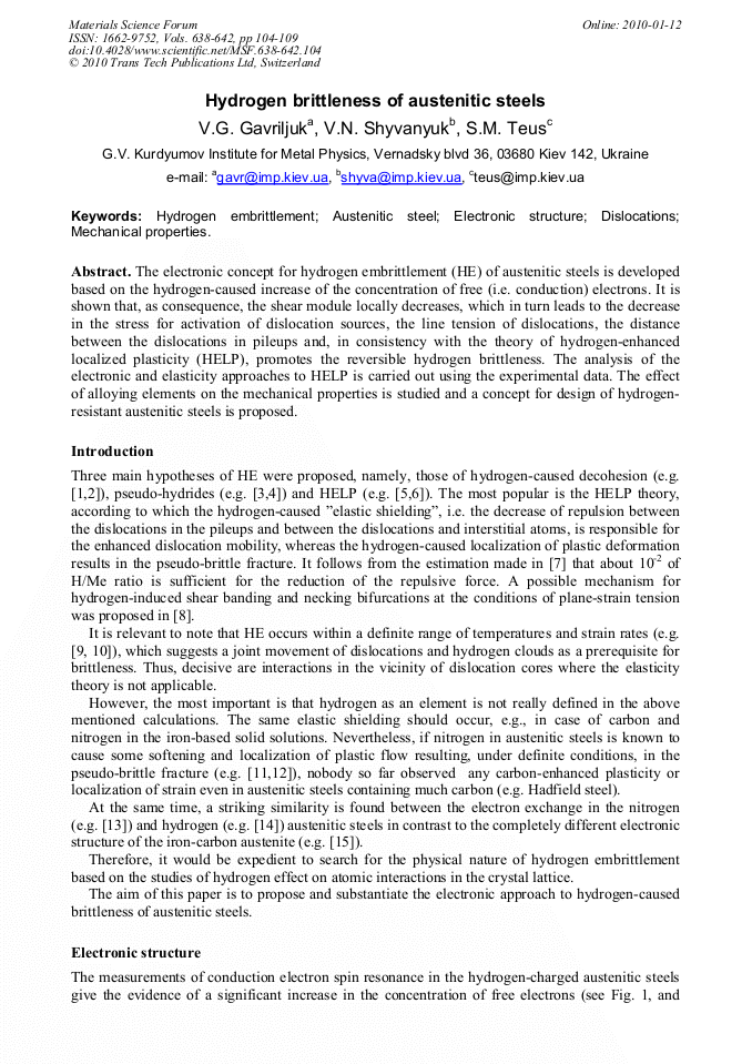 Hydrogen Brittleness of Austenitic Steels | Scientific.Net
