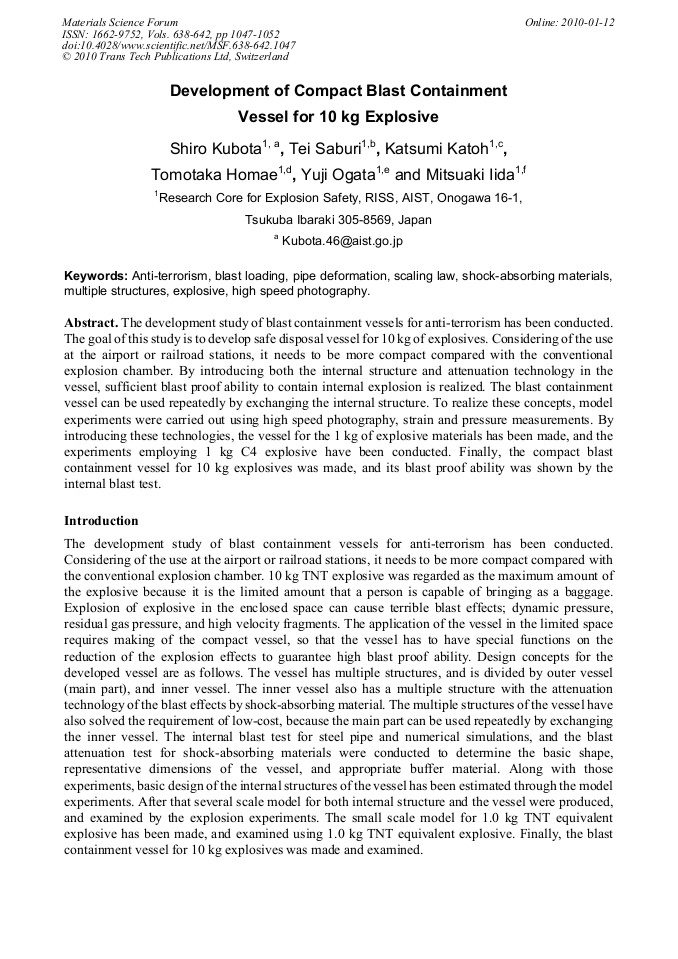 Development of Compact Blast Containment Vessel for 10 kg Explosive ...