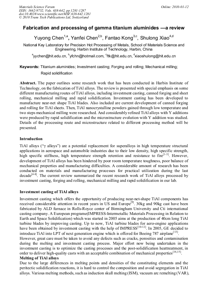 Fabrication and Processing of Gamma Titanium Aluminides - A Review ...