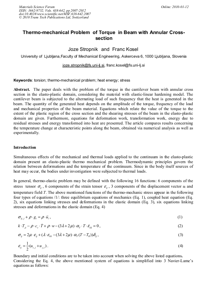 Thermo-Mechanical Problem of Torque in Beam with Annular Cross-Section ...