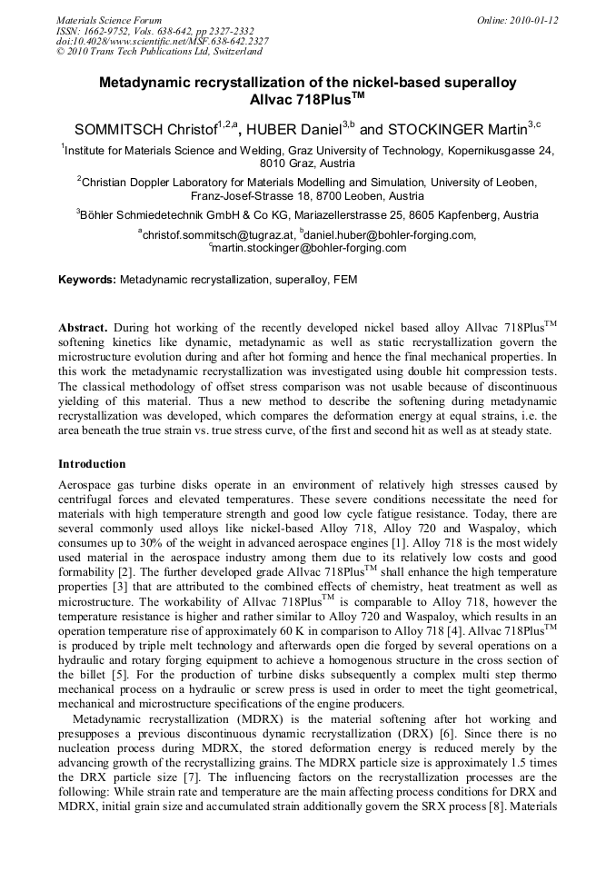 Metadynamic Recrystallization of the Nickel-Based Superalloy Allvac ...