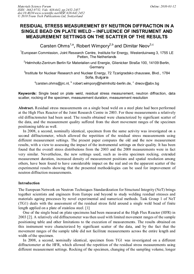 Residual Stress Measurement by Neutron Diffraction in a Single Bead on ...