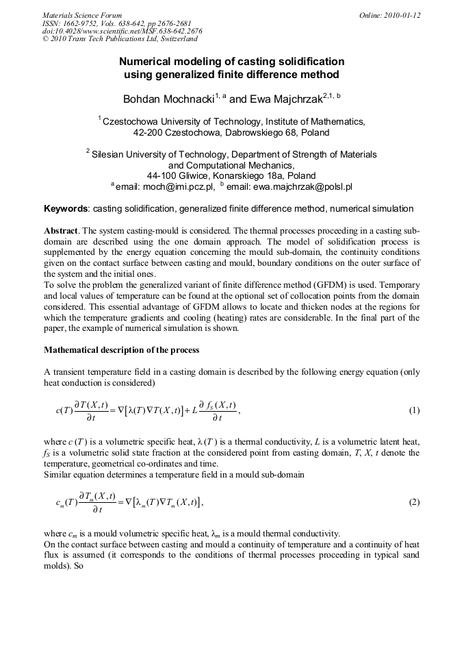 Numerical Modeling of Casting Solidification Using Generalized Finite Difference Method ...