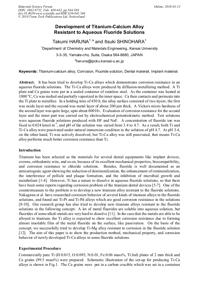 Development of Titanium-Calcium Alloy Resistant to Aqueous Fluoride ...