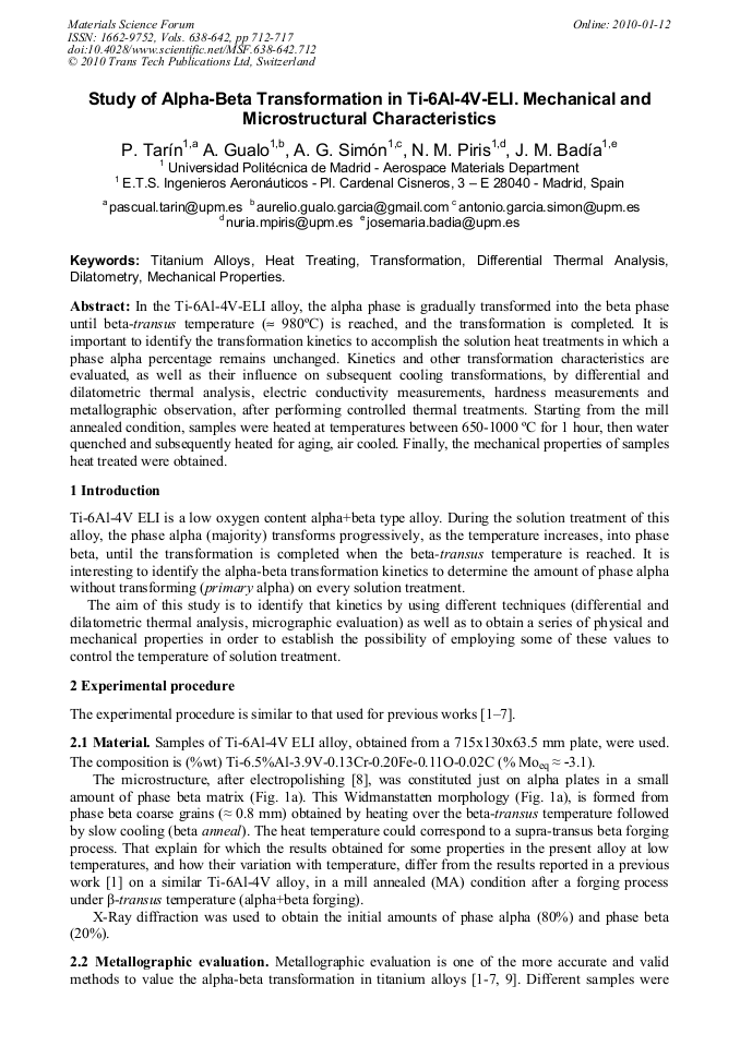 Study of Alpha-Beta Transformation in Ti-6Al-4V-ELI. Mechanical and Microstructural ...