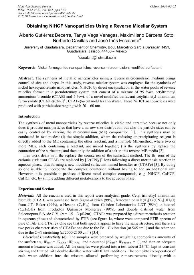 Obtaining NiHCF Nanoparticles Using a Reverse Micellar System ...